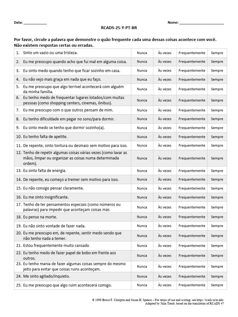 RCADS - Portugues - Pais - Versao Curta 25 Perguntas | PDF