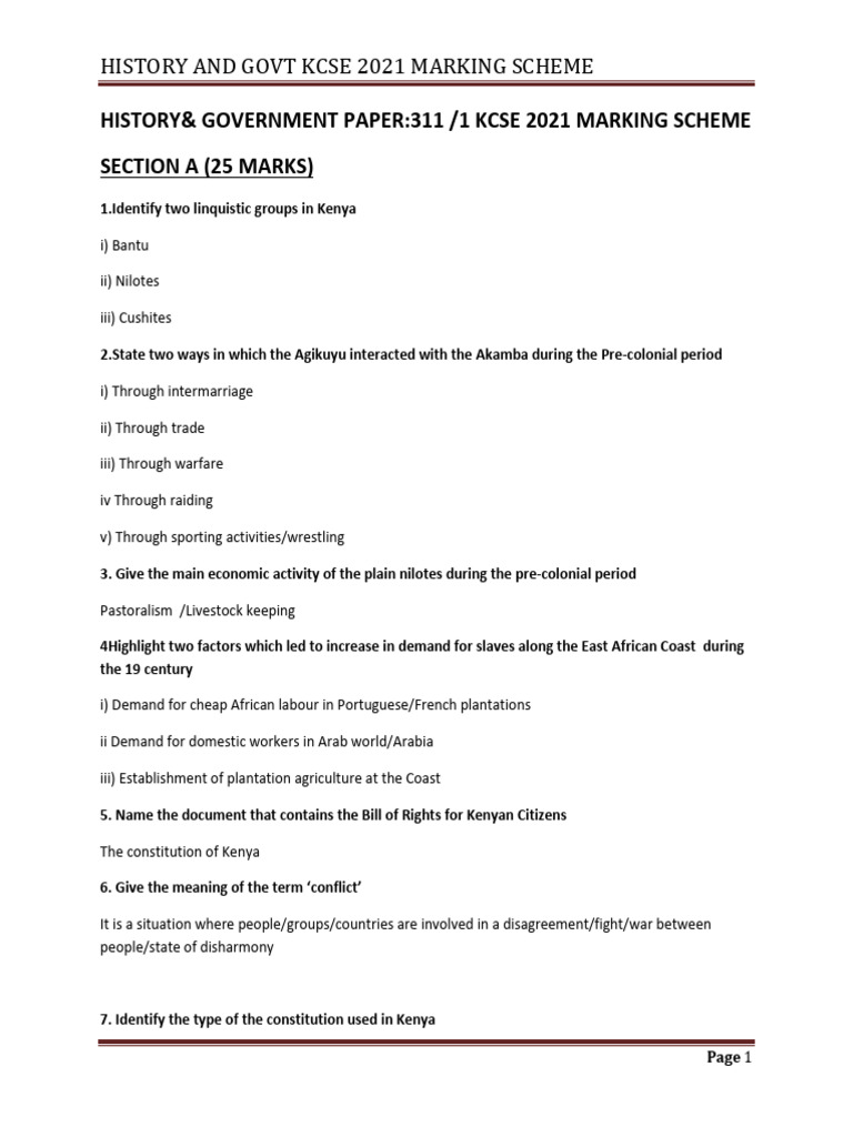 2021 KCSE History Government Marking Scheme | PDF | Agriculture | Kenya