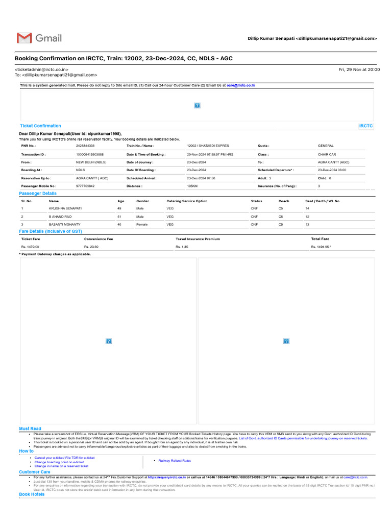Booking Confirmation On IRCTC, Train: 12002, 23-Dec-2024, CC, NDLS - AGC | PDF | Service Industries