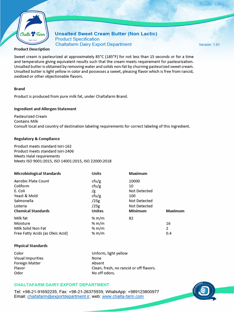 Product Specification Full - ChaltaFarm Unsalted Sweet Cream Butter ...