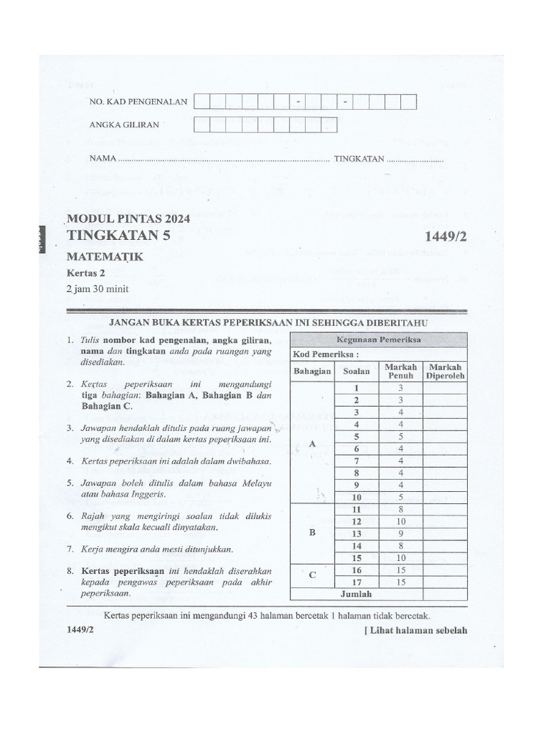 Trial K2 Matematik SPM 2024 - Selangor SET 1 | PDF