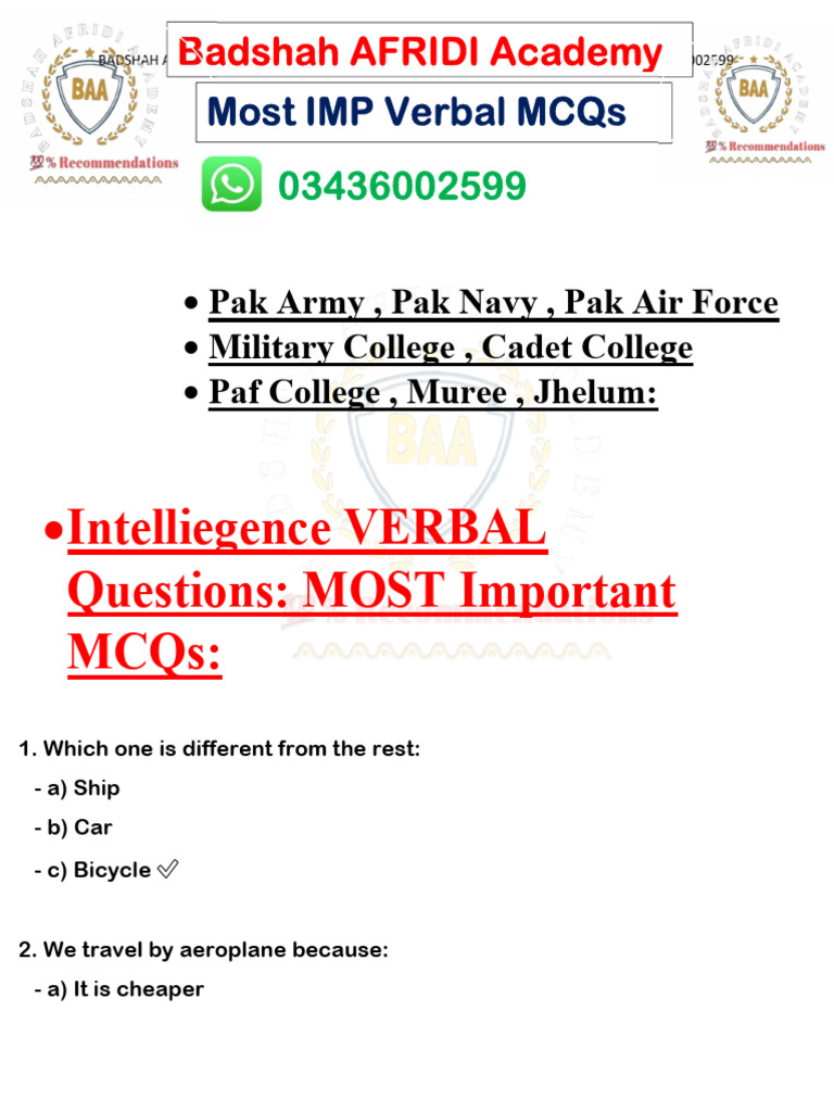 Verbal Intelligence MCQs for Cadets | PDF