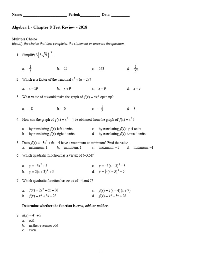 Algebra 1 - Chapter 8 Test Review - 2018 - PDF (1) (1) | PDF | Vertex ...