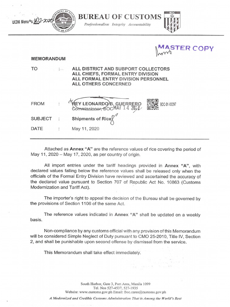 Ocom Memo 102 2020 Shipments - of - Rice | PDF