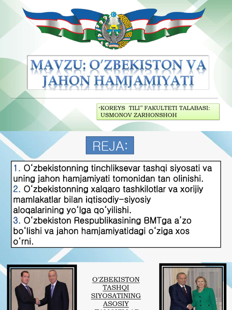 O'Zbekiston Va Jahon Hamjamiyati - Usmonov - Zarhonshoh | PDF