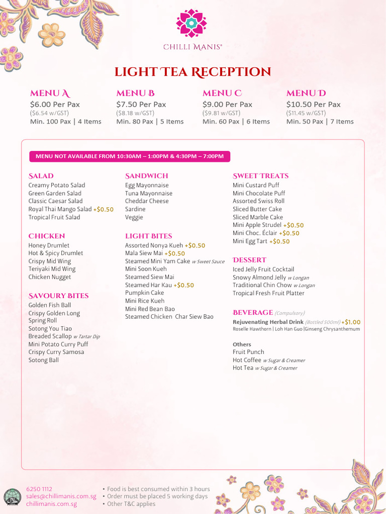 Chilli Manis Light Tea Buffet 2024 | PDF | Salad | Cakes