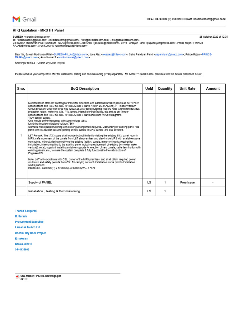 MRS HT Panel RFQ Quotation | PDF | Electrical Equipment | Electrical ...