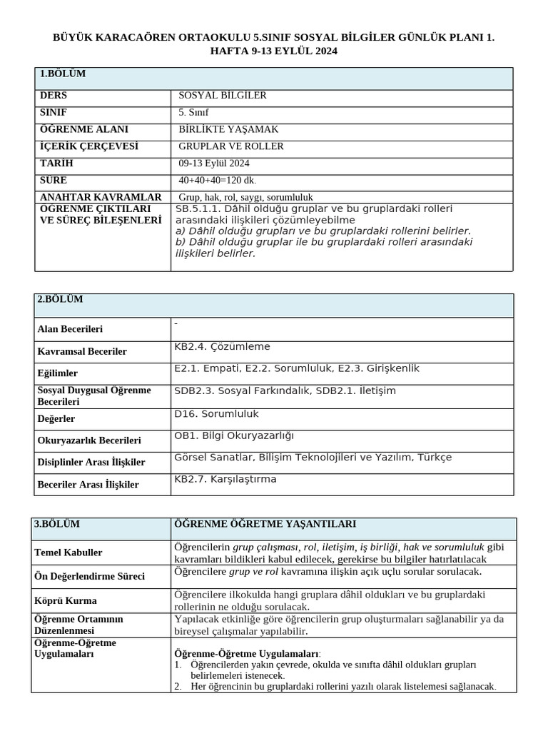 5.-Sinif-Sosyal-Bilgiler-1.-Hafta-9-13-Eylul-Gunluk-Ders-Plani-2 - Kopya | PDF