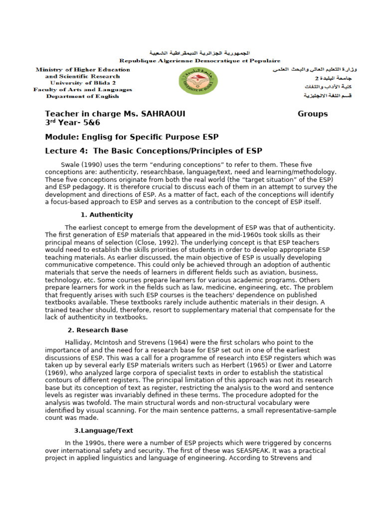 The Basic Conceptions Principles of ESP | PDF | Learning | Teachers
