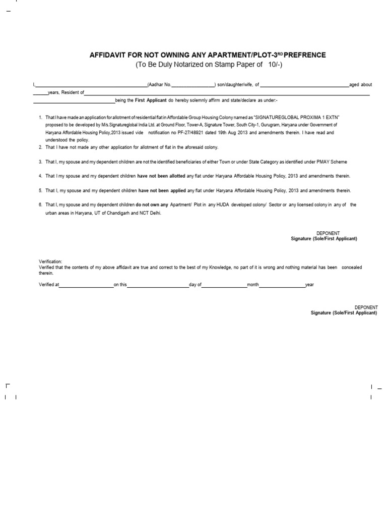 Affidavit For Not Owning Any Apartment Plot-3rd Prefrence | PDF | Affidavit | Civil Law (Common Law)