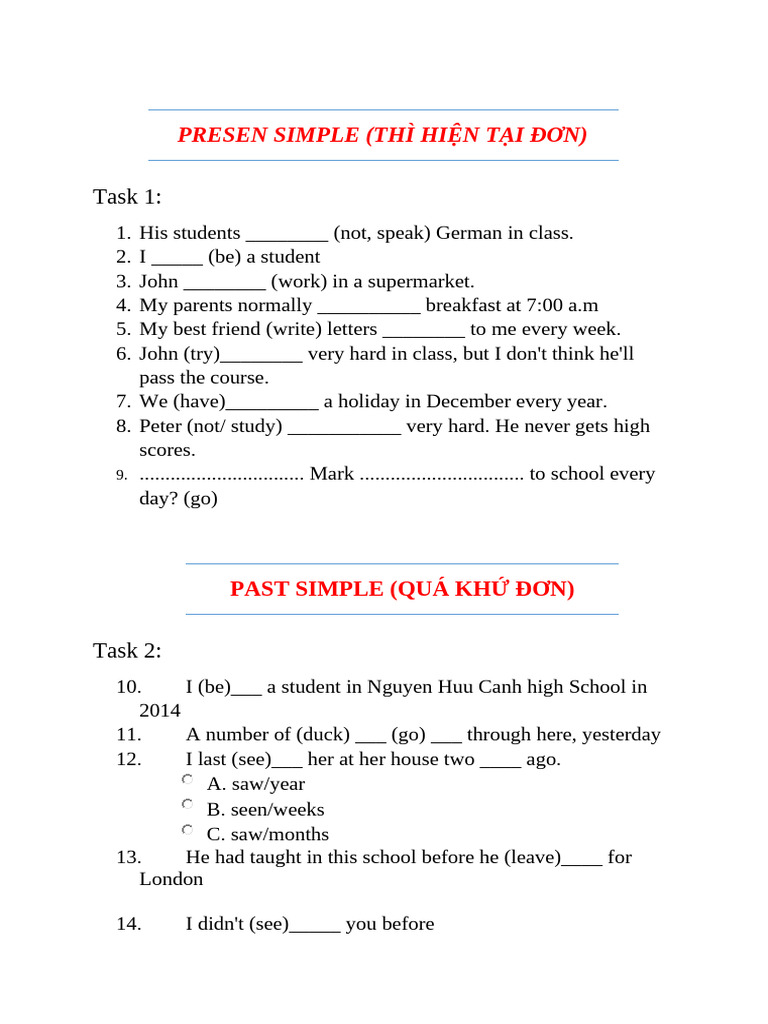 Present and Past Simple Exercises | PDF