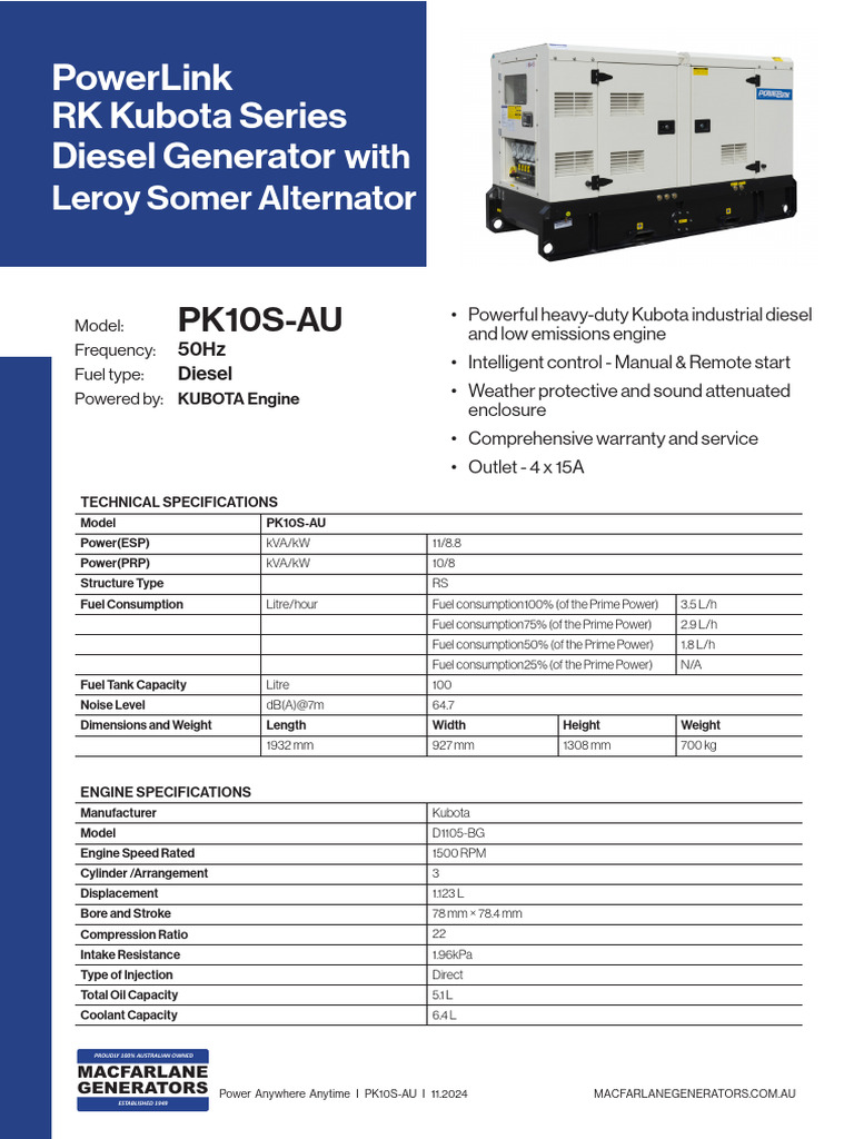 PowerLink PK10S AU Data Sheet | PDF | Diesel Engine | Engines