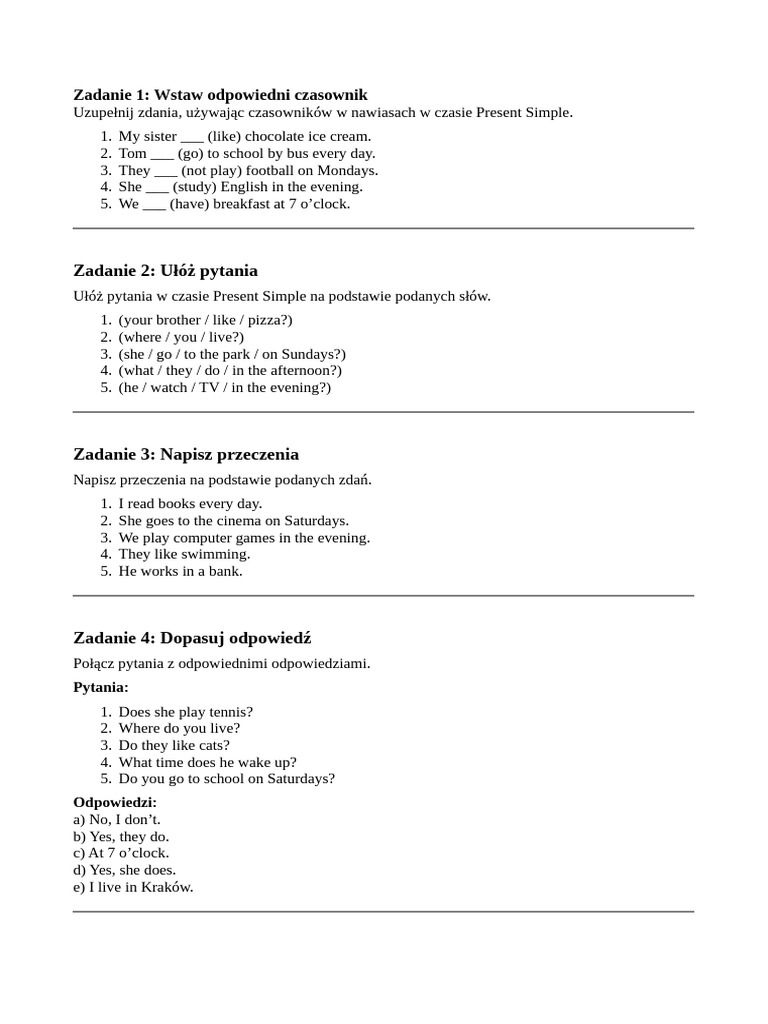 Present Simple Klasa 5 | PDF