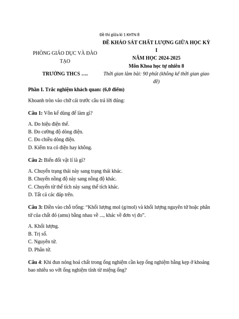 de-thi-gk1-KHTN 8-1 | PDF