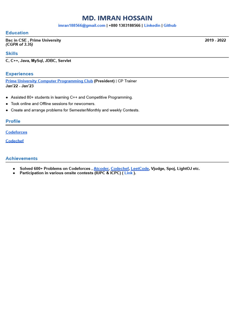 Md. Imran Hossain Resume | PDF