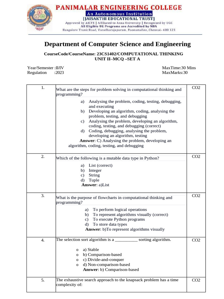 COMPUTATIONAL THINKING QP UNIT II | PDF | Time Complexity | Matrix (Mathematics)