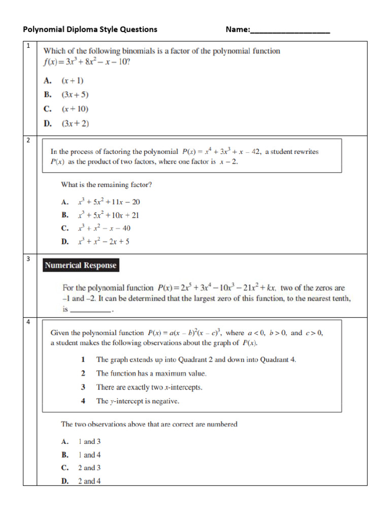 Polynomial DIPLOMA Style Questions | PDF