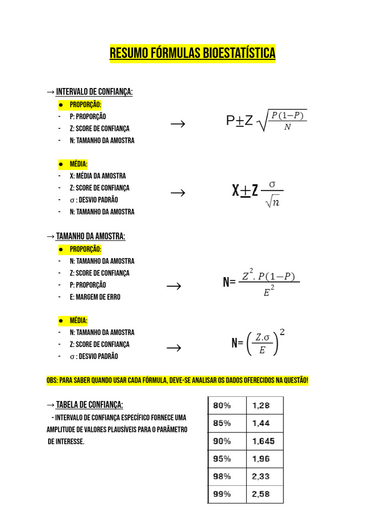 RESUMO FÓRMULAS BIOESTATÍSTICA | PDF