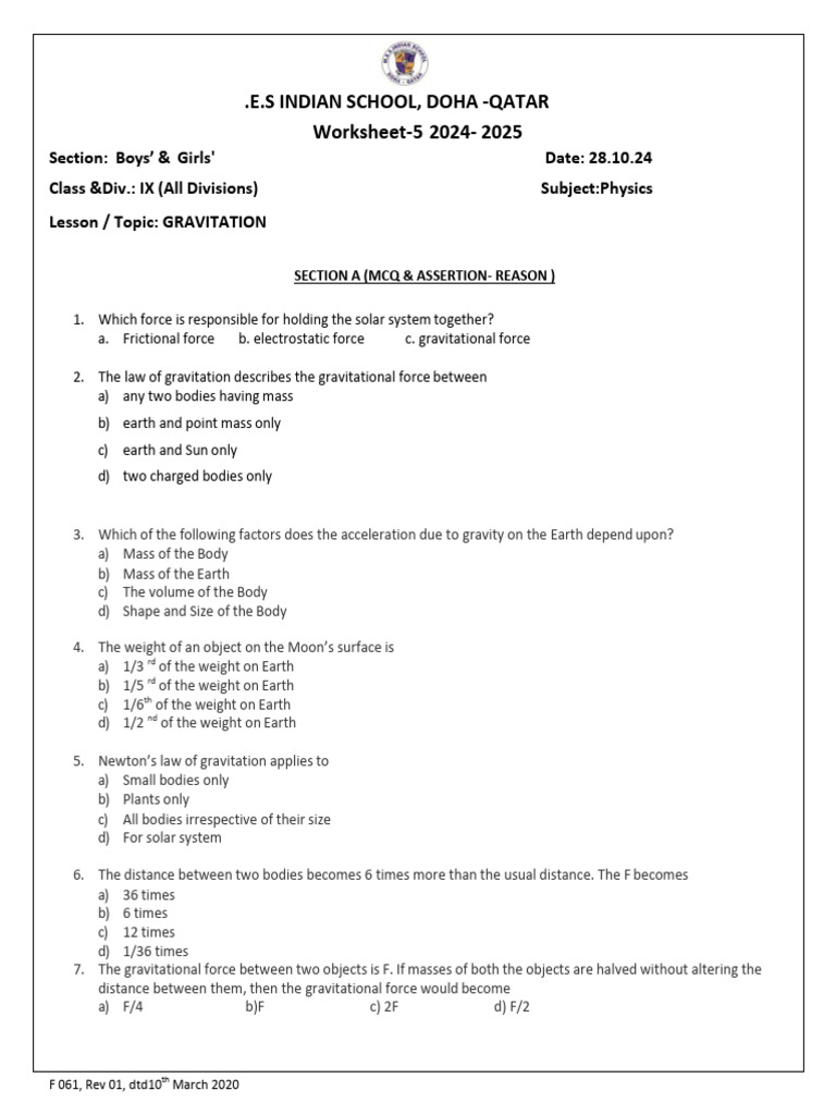 Physics Worksheet on Gravitation IX | PDF | Force | Mass