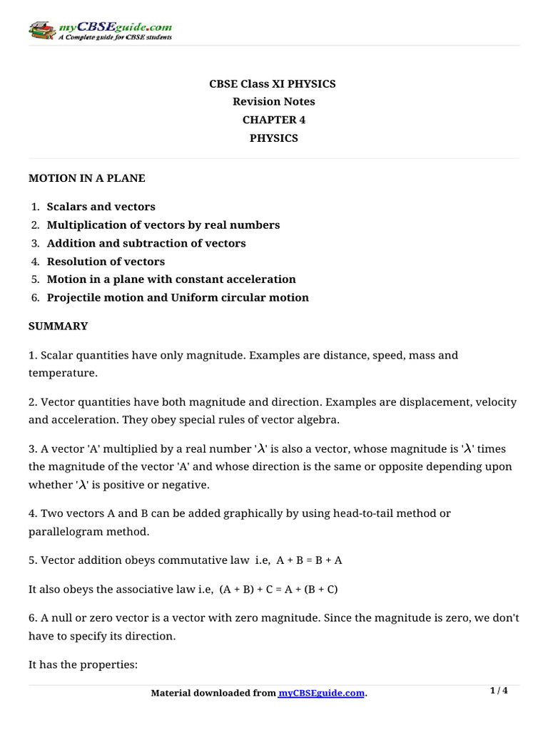 Cbse Class Xi Physics Chap 4 - Motion in A Plane - Revision Notes | PDF ...