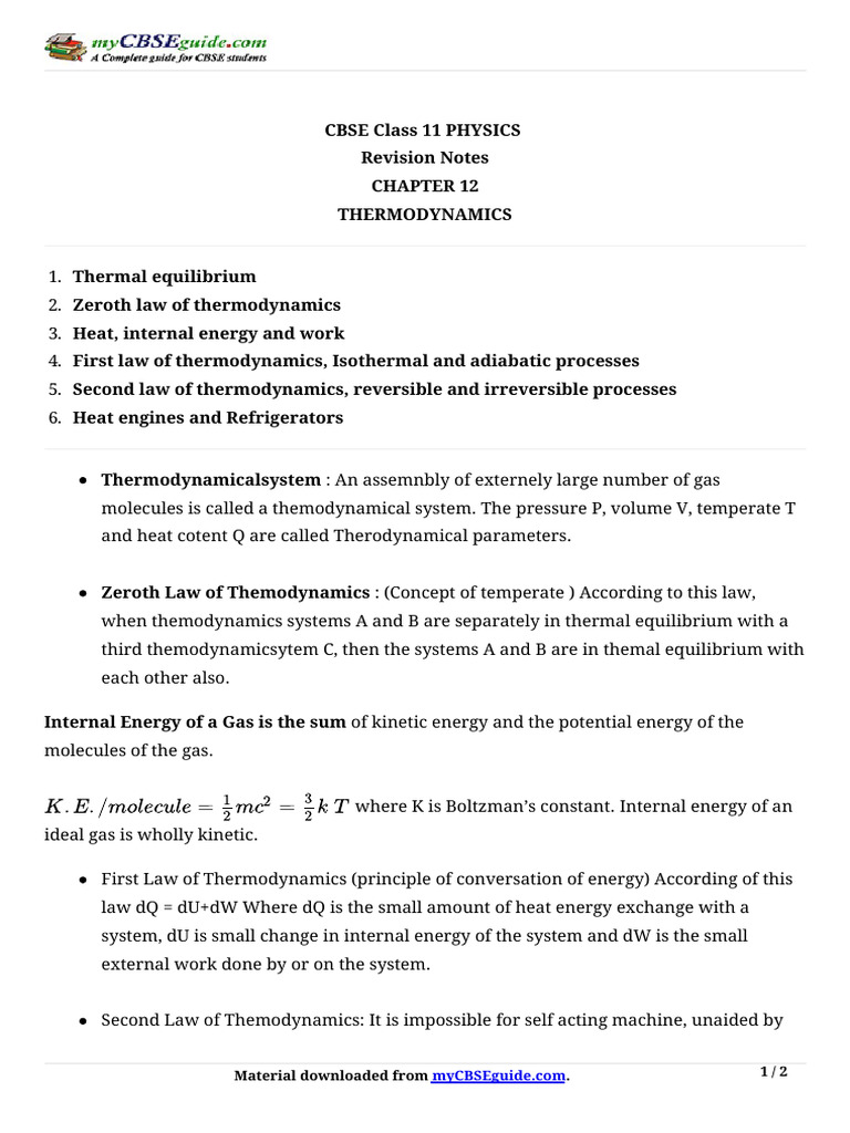 CBSE Class XI Physics Chap 12 - THERMODYNAMICS - Revision Notes | PDF