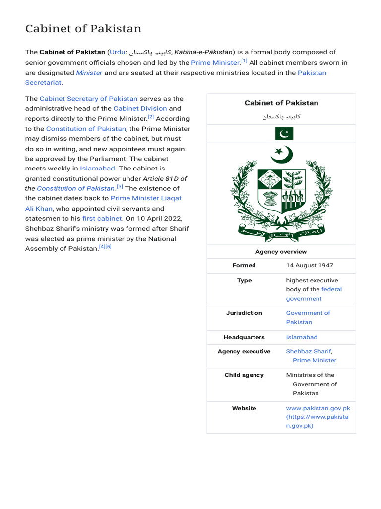 Cabinet of Pakistan Overview | PDF | Government | Pakistan