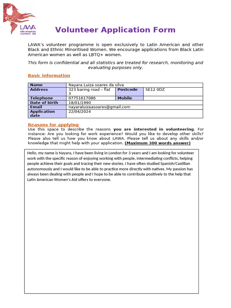 LAWA-Volunteer-Application-Form-2023-updated | PDF | Sexual Orientation | Volunteering