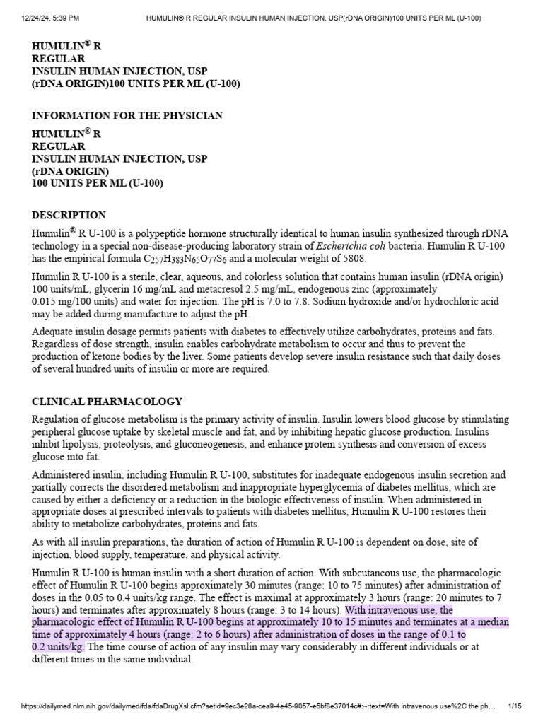 HUMULIN® R REGULAR INSULIN HUMAN INJECTION, USP (rDNA ORIGIN) 100 UNITS ...