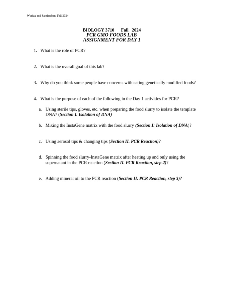 PCR-GMO FOODS Lab Fall2024 Day1 Assignment 2 | PDF