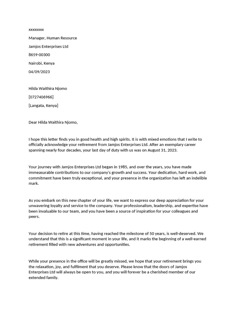 Retirement Acknowledgment Letter for Hilda | PDF