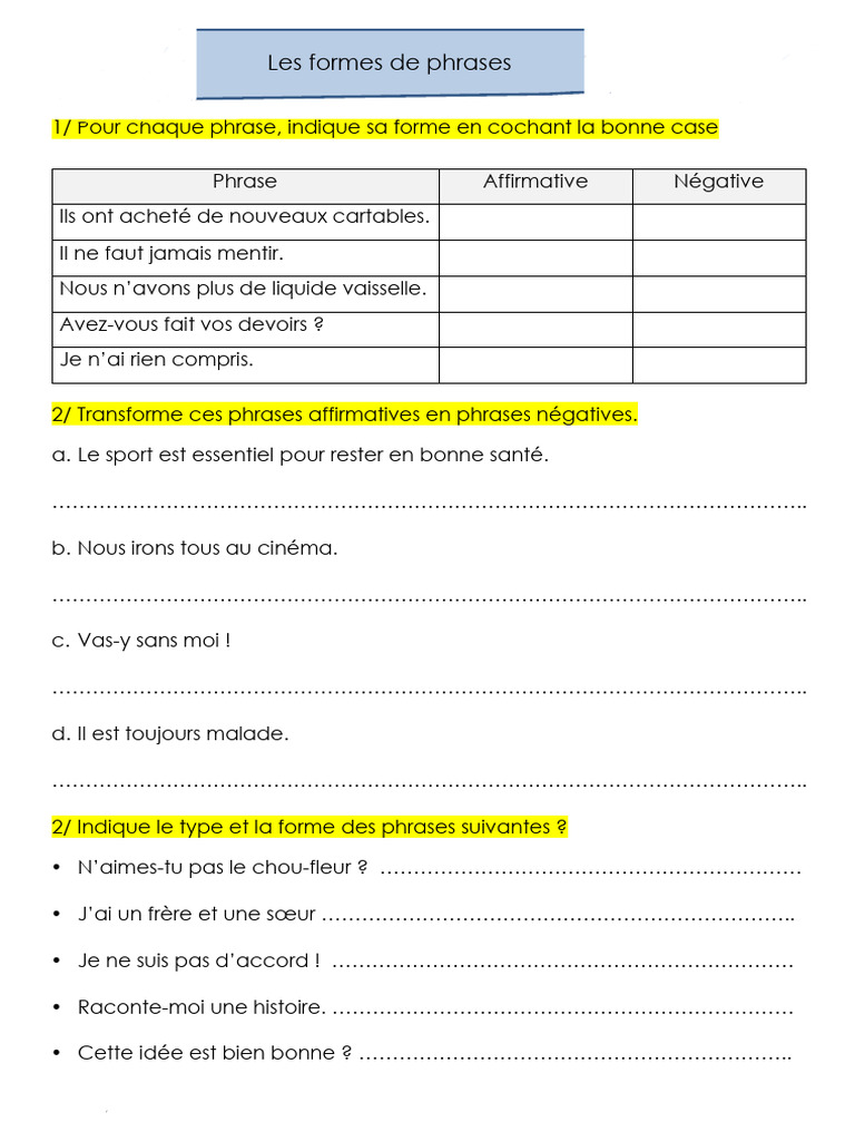 Exercices sur les formes de phrases | PDF