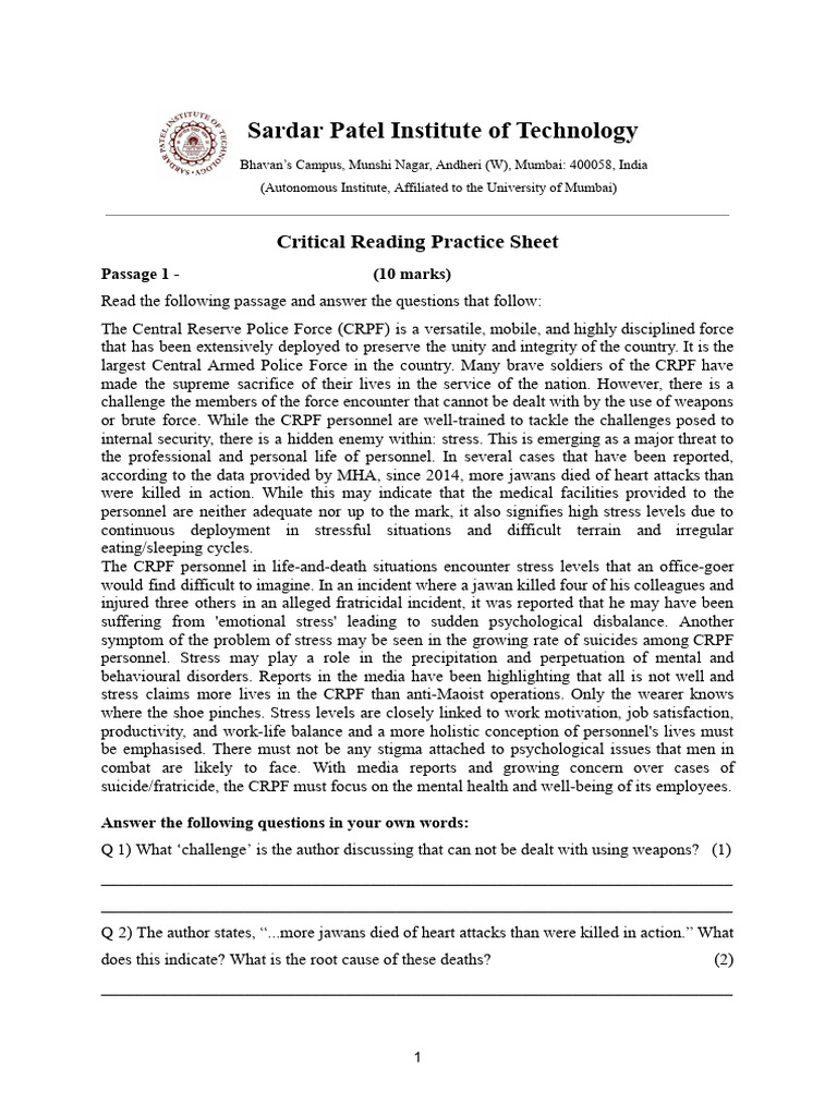 Critical Reading Practice Sheet | PDF | Stress (Biology) | Psychology