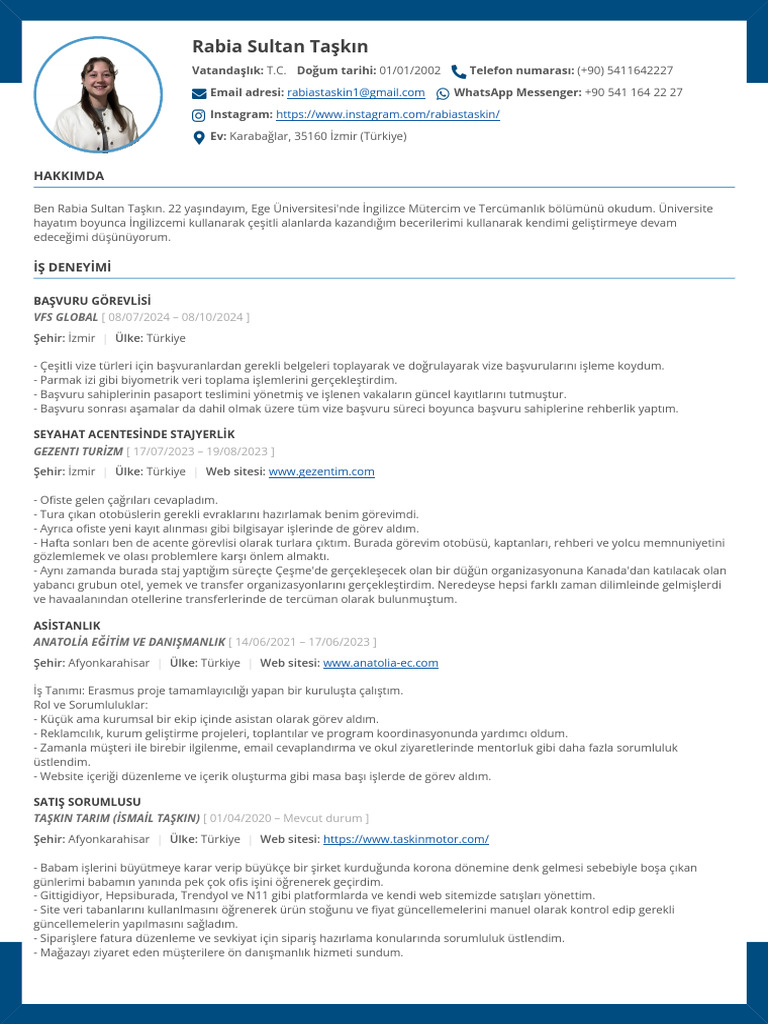 CV Türkçe - Rabia Taşkın | PDF