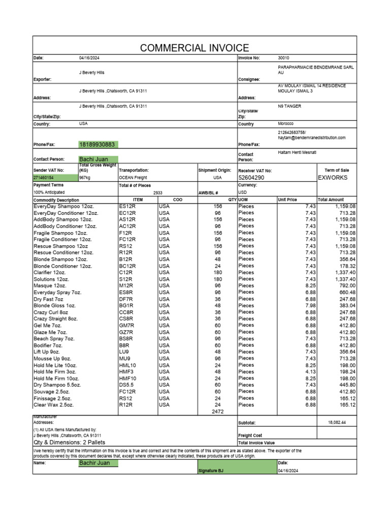 USA to Morocco Haircare Export Invoice | PDF | Supply Chain Management ...