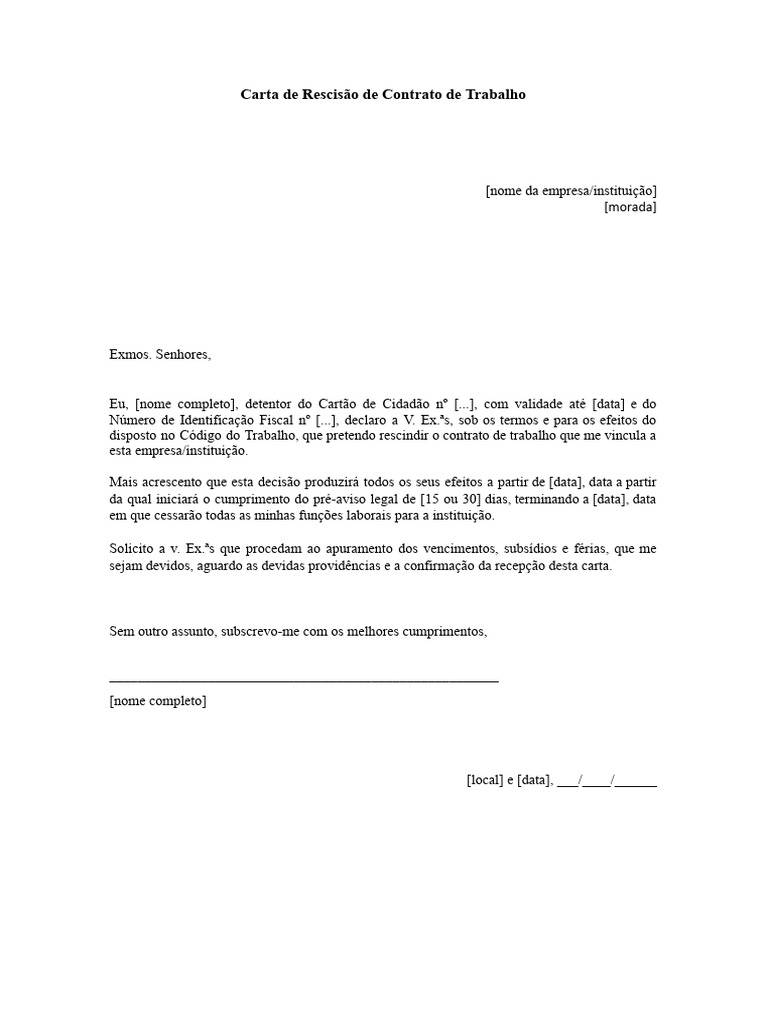 Carta de Rescisão de Contrato de Trabalho PDF | PDF