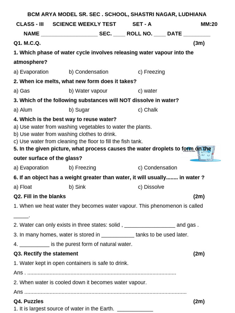 CLASS-III SCIENCE WEEKLY TEST (SET A) | PDF | Water | Water Vapor