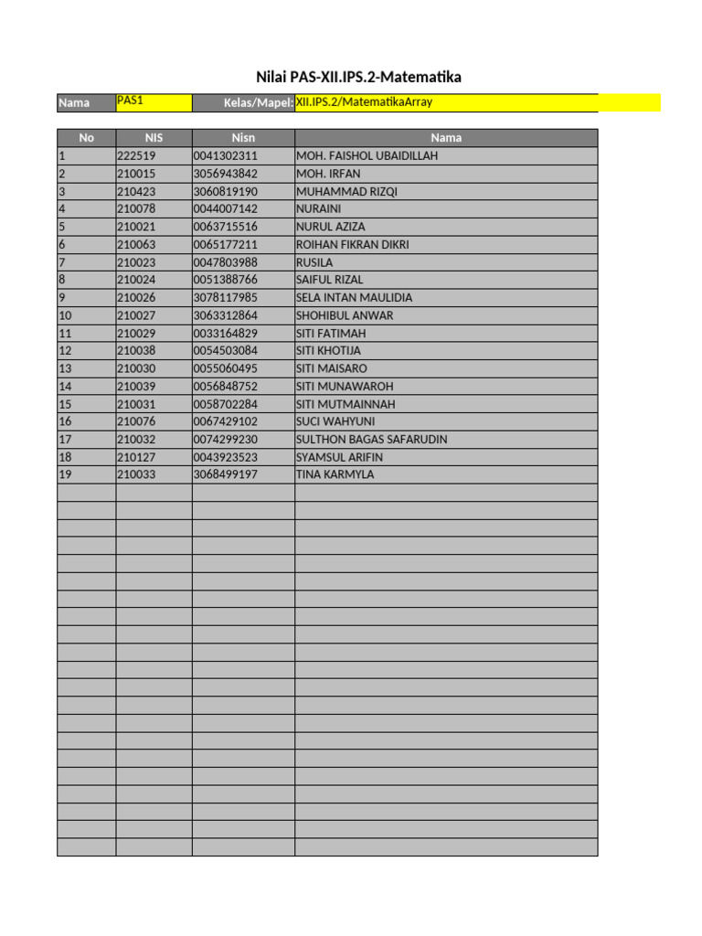 Nilai PAS XII - Ips.2 Matematika | PDF