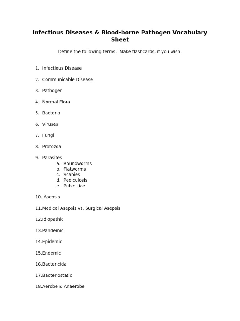 Infectious Diseases Vocabulary List | PDF