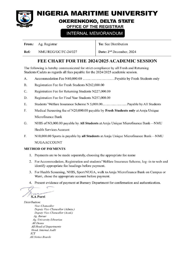 Payment of Fee Chart - 2024 - 2025 Session - 27 | PDF