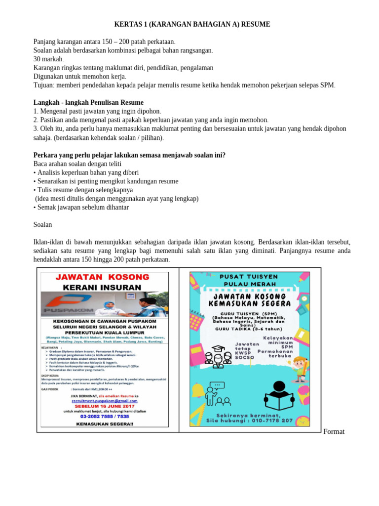 Panduan Menulis Resume Kerja SPM | PDF