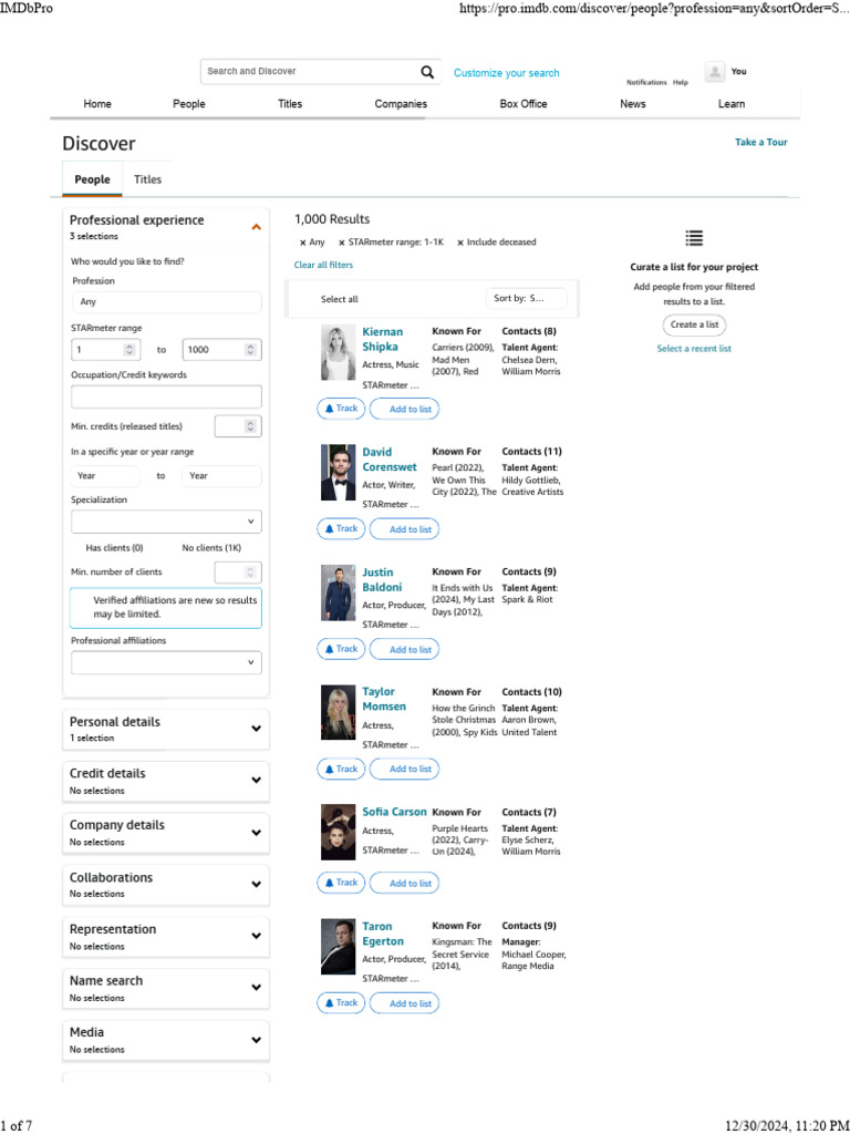 Top 1000 IMDB Actors & Actresses - 1 January 2025 (Print Version) | PDF