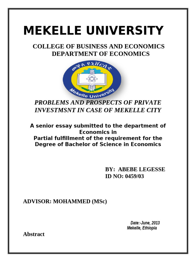 Mekelle University: College of Business and Economics Department of ...