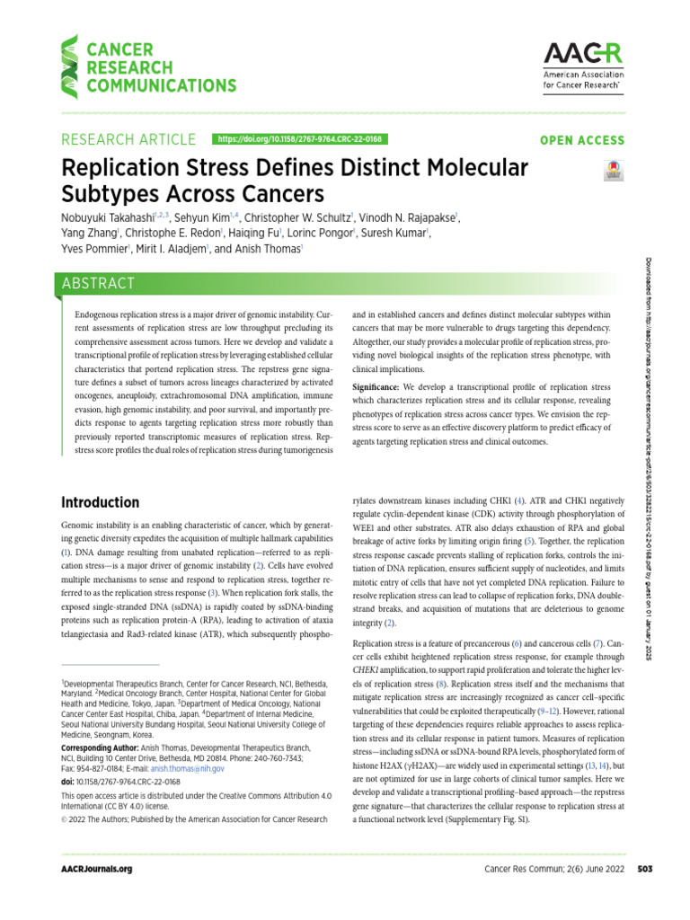 Replication Stress in Cancer Subtypes | PDF | Dna Replication | Genetics