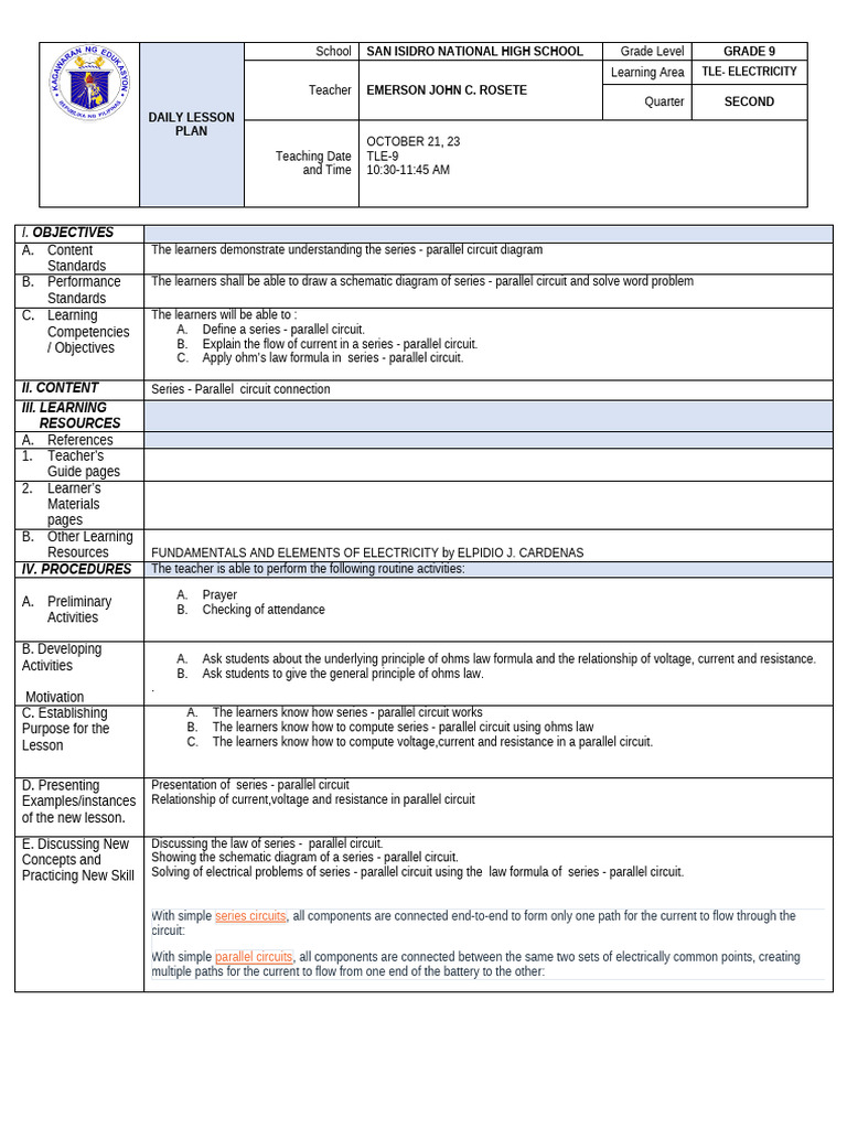 tle-9-4 | PDF | Series And Parallel Circuits | Electrical Network
