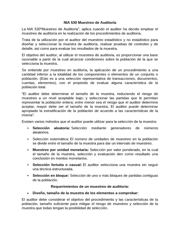 NIA 530 Muestreo de Auditoría | PDF | Muestreo (Estadísticas) | Auditoría