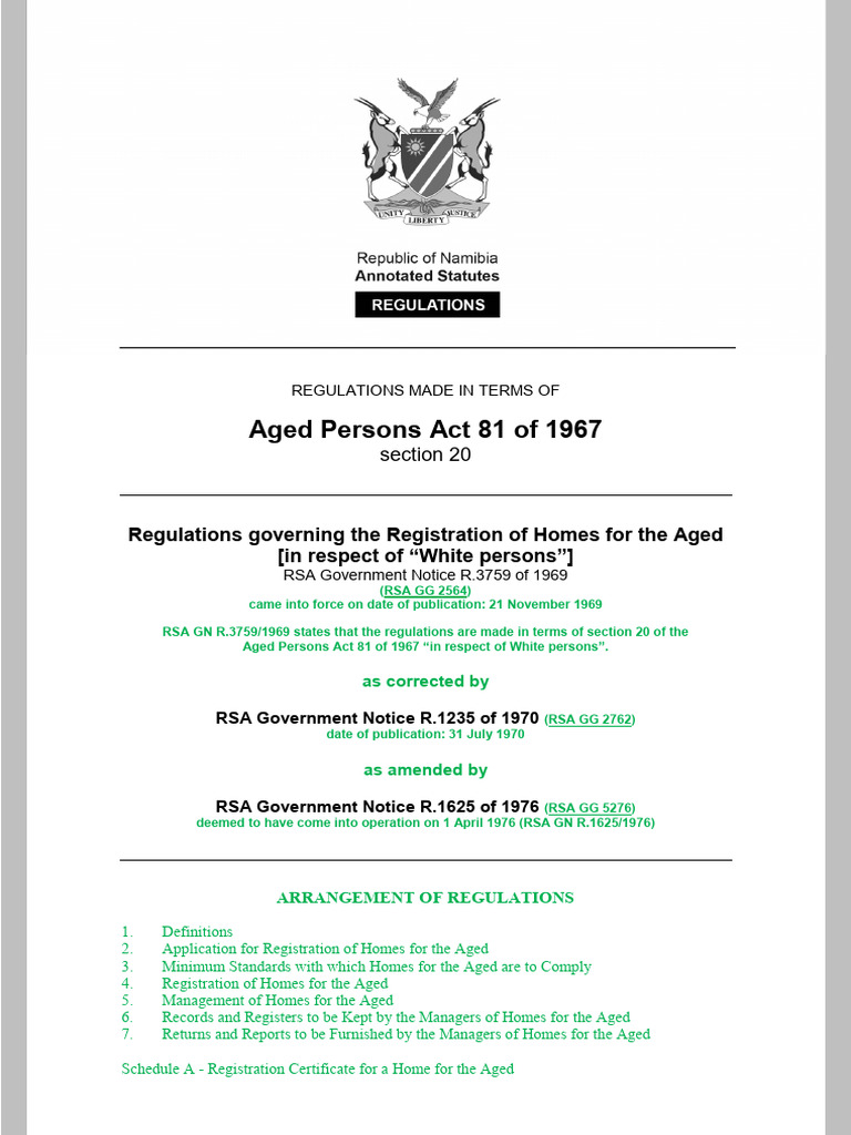 Namibia Aged Persons Act Regulations | PDF | Stairs | Justice