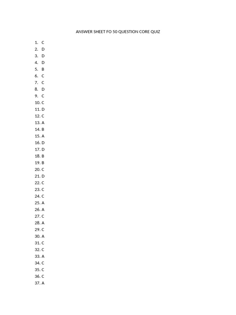 Answer Sheet Fo 50 Question Quiz | PDF