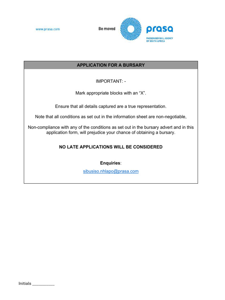 PRASA Bursary Application Form 2025 | PDF