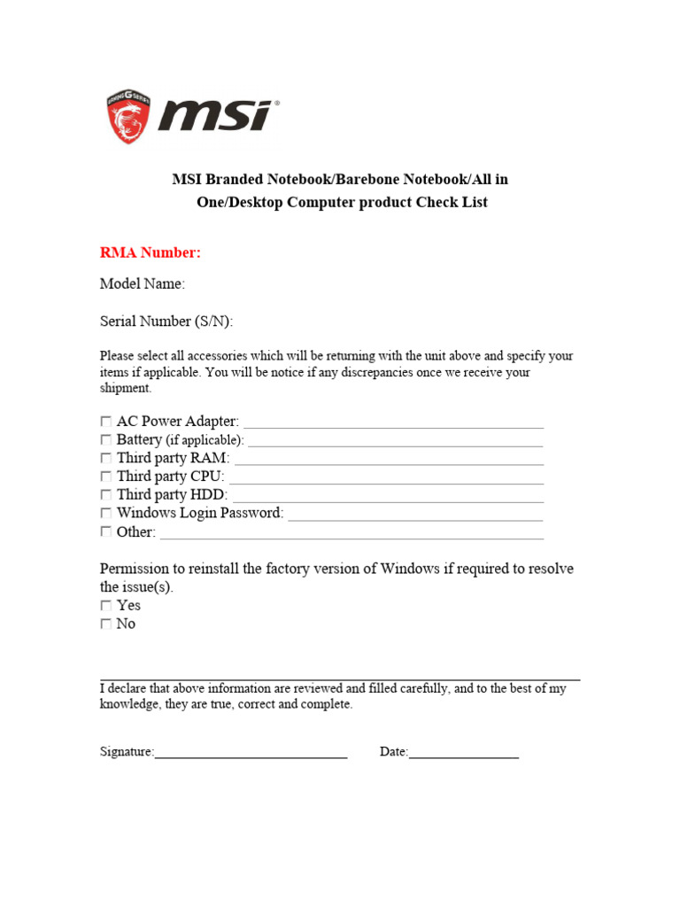 MSI RMA Checklist | PDF