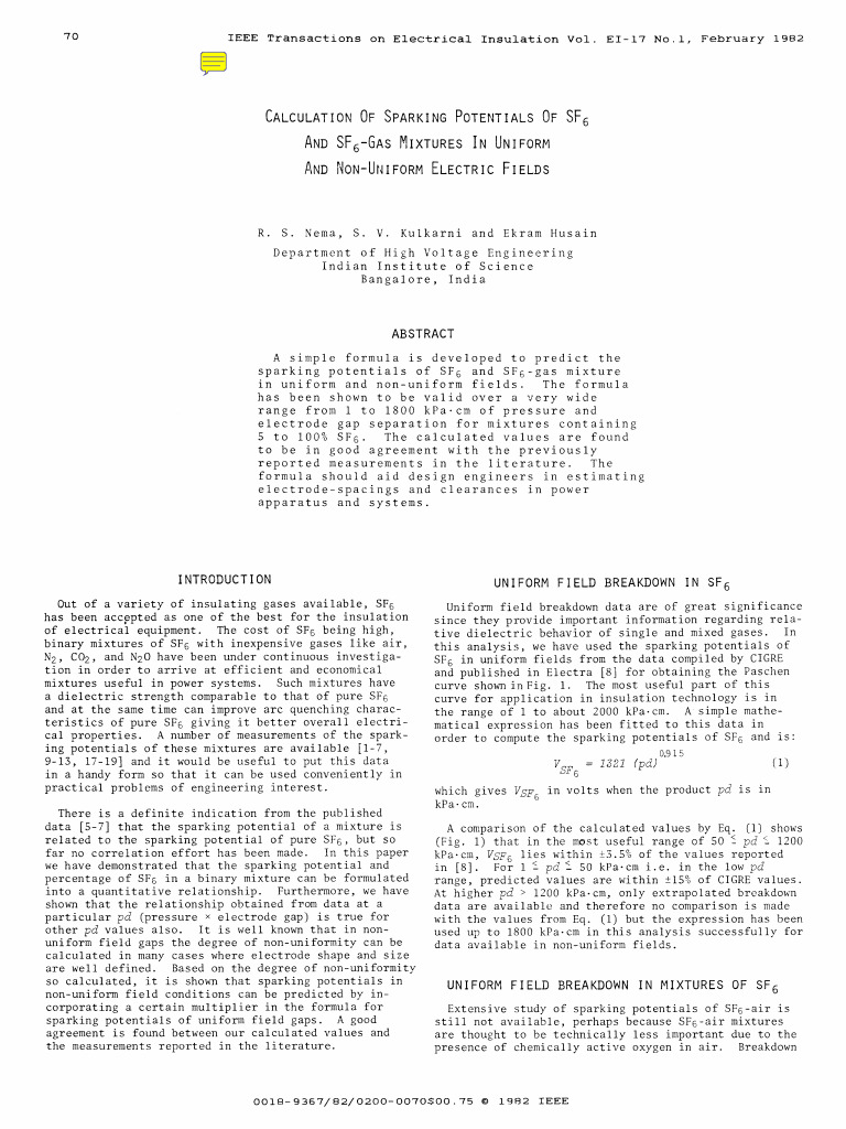 CALCULATION OF SPARKING POTENTIALS OF SF6 | PDF | Insulator (Electricity) | Electricity